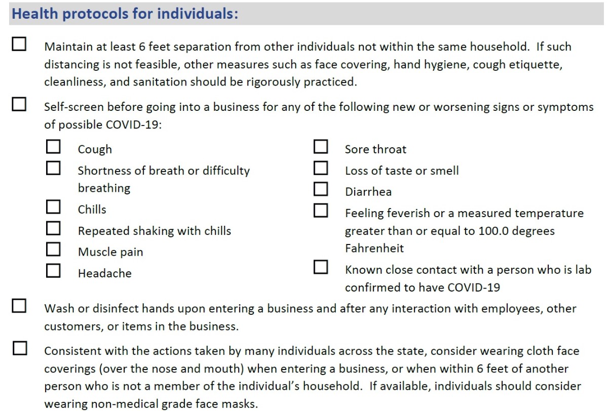 Minimum Health Standards for individuals as we slowly OPEN UP TE
